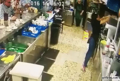 Gifbin - Girl heel-kicks falling glass into sink (Reverse Gif)